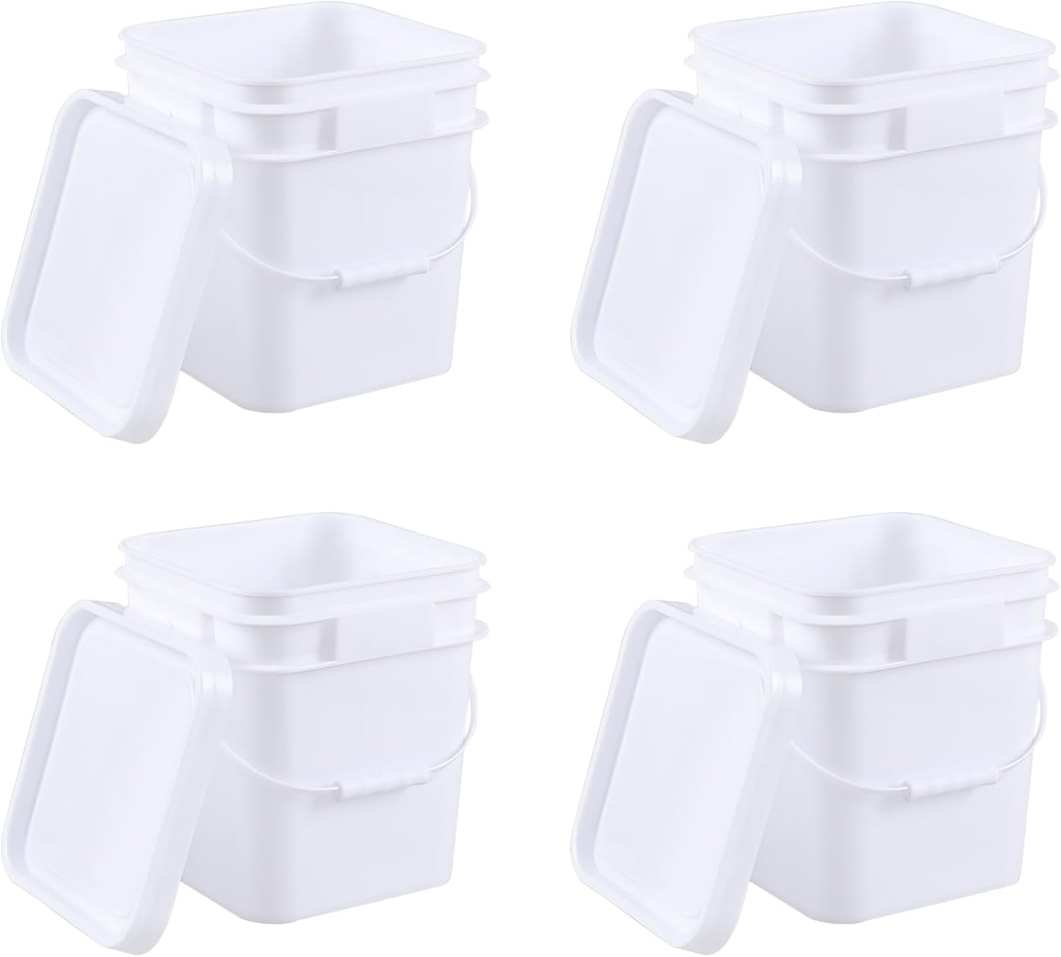 3 Gallon Plastic Bucket with Sealed Lid, 4 Pack Small White Square Bucket Pail Food Grade ...