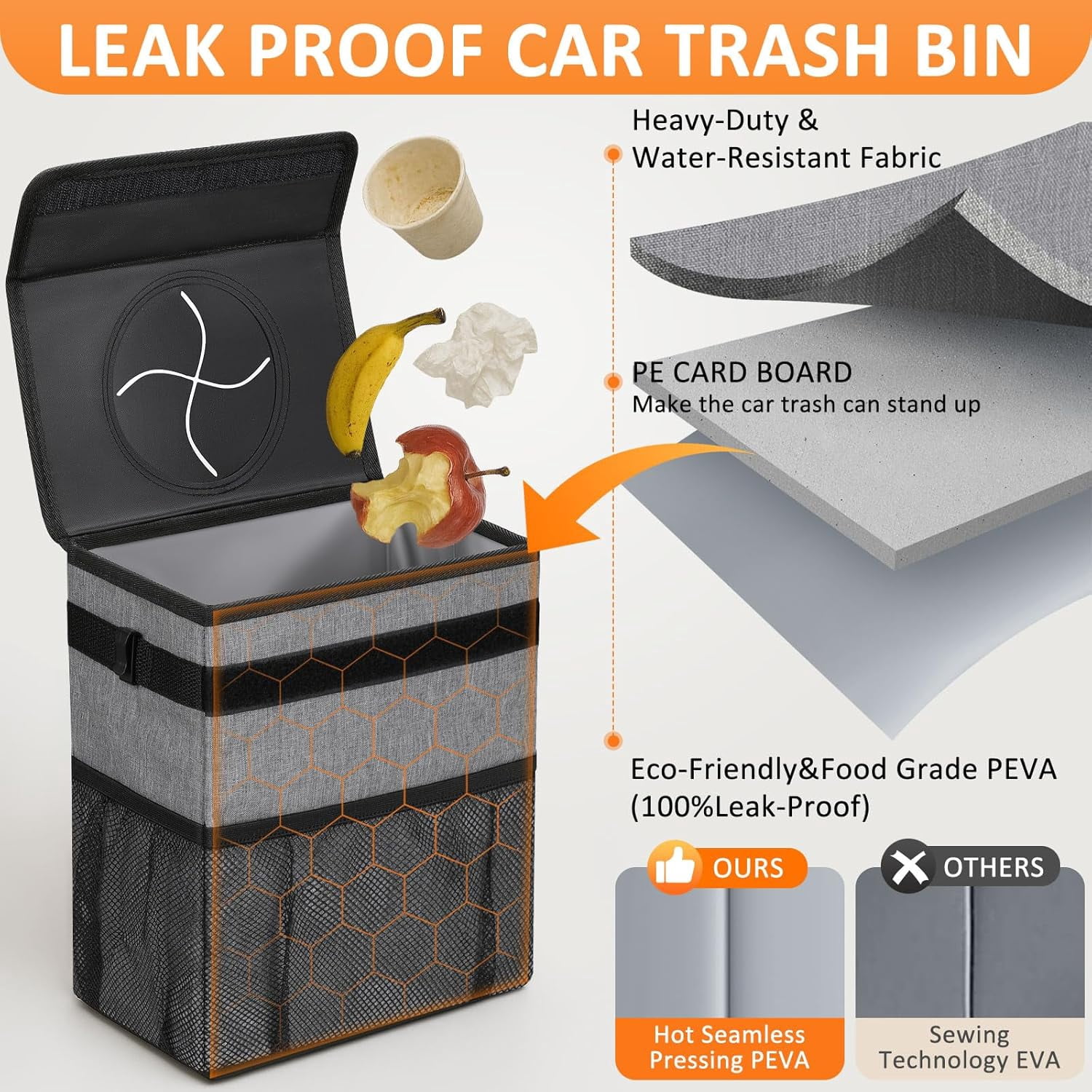 3 Gallons Car Trash Can with Lid, Car Trash Bag Bin Hanging Waterproof ...