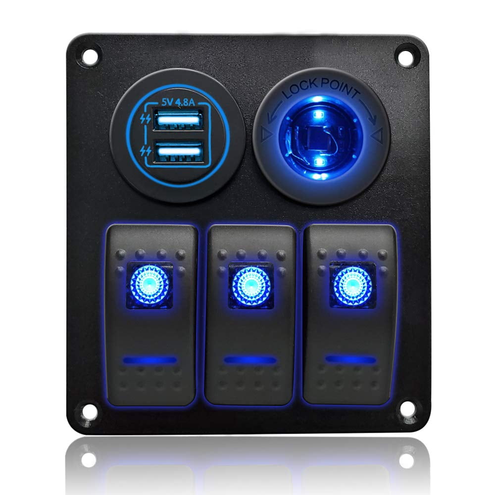 3 Gang 5 Pin ON/Off Switch Panel with 5V/4.8A Dual USB Blue Light Power ...