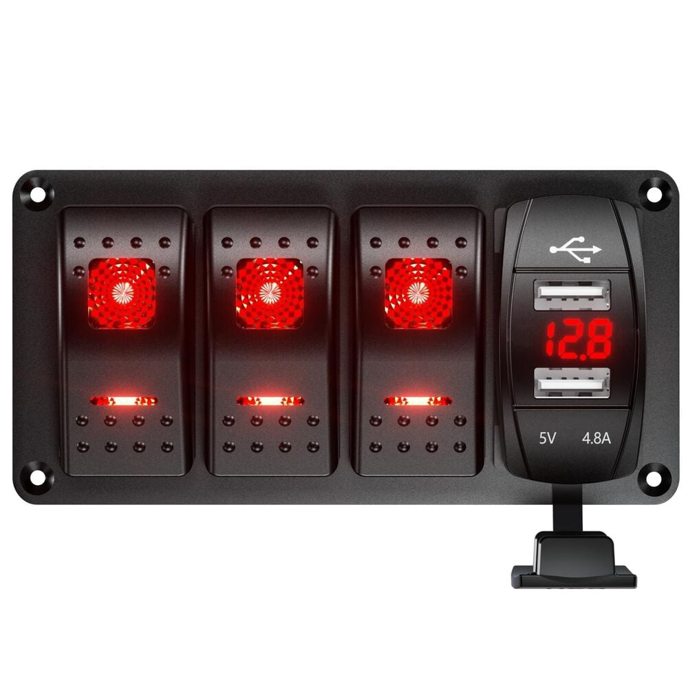 3 Gang Rocker Switch Aluminum Panel with Voltmeter Dula USB Charger ...