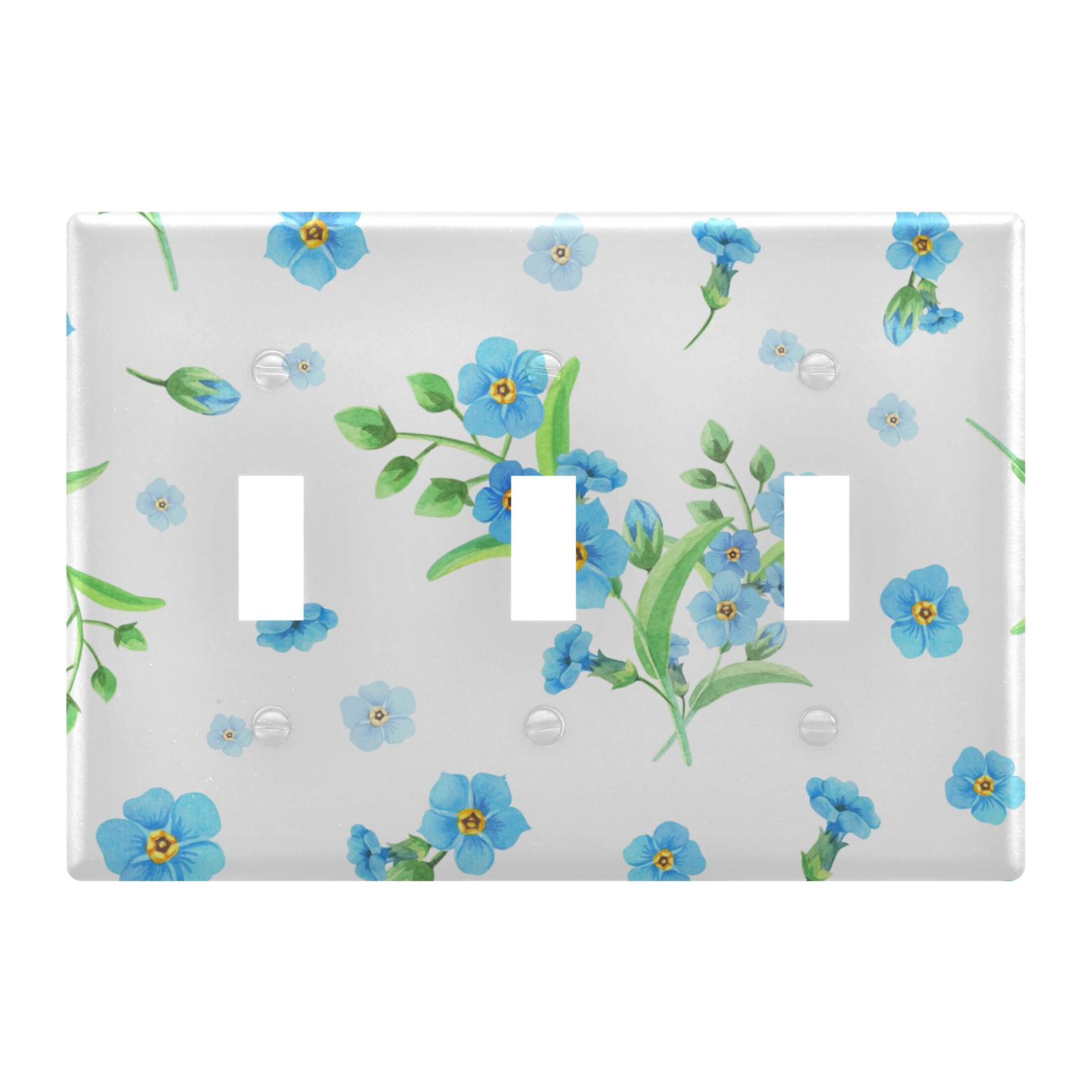 3 Gang Switch Covers Blue Flowers with Green Leaves Light Wall Plate ...