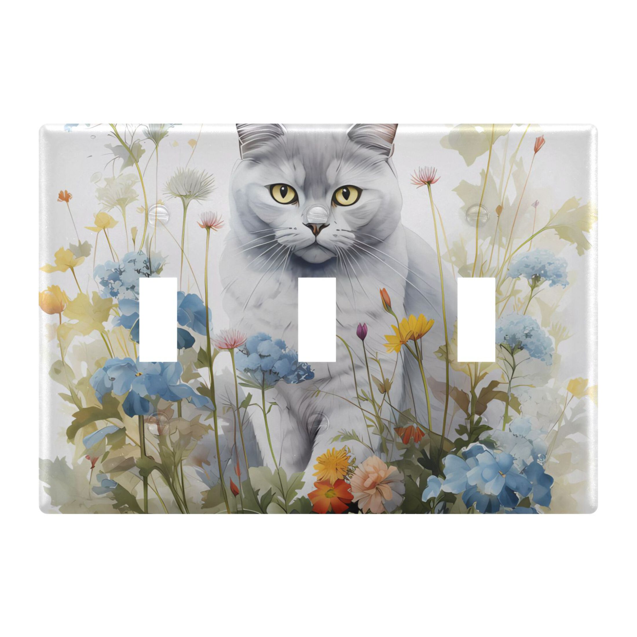3 Gang Switch Covers Cat in Colorful Flowers Light Wall Plate Home ...