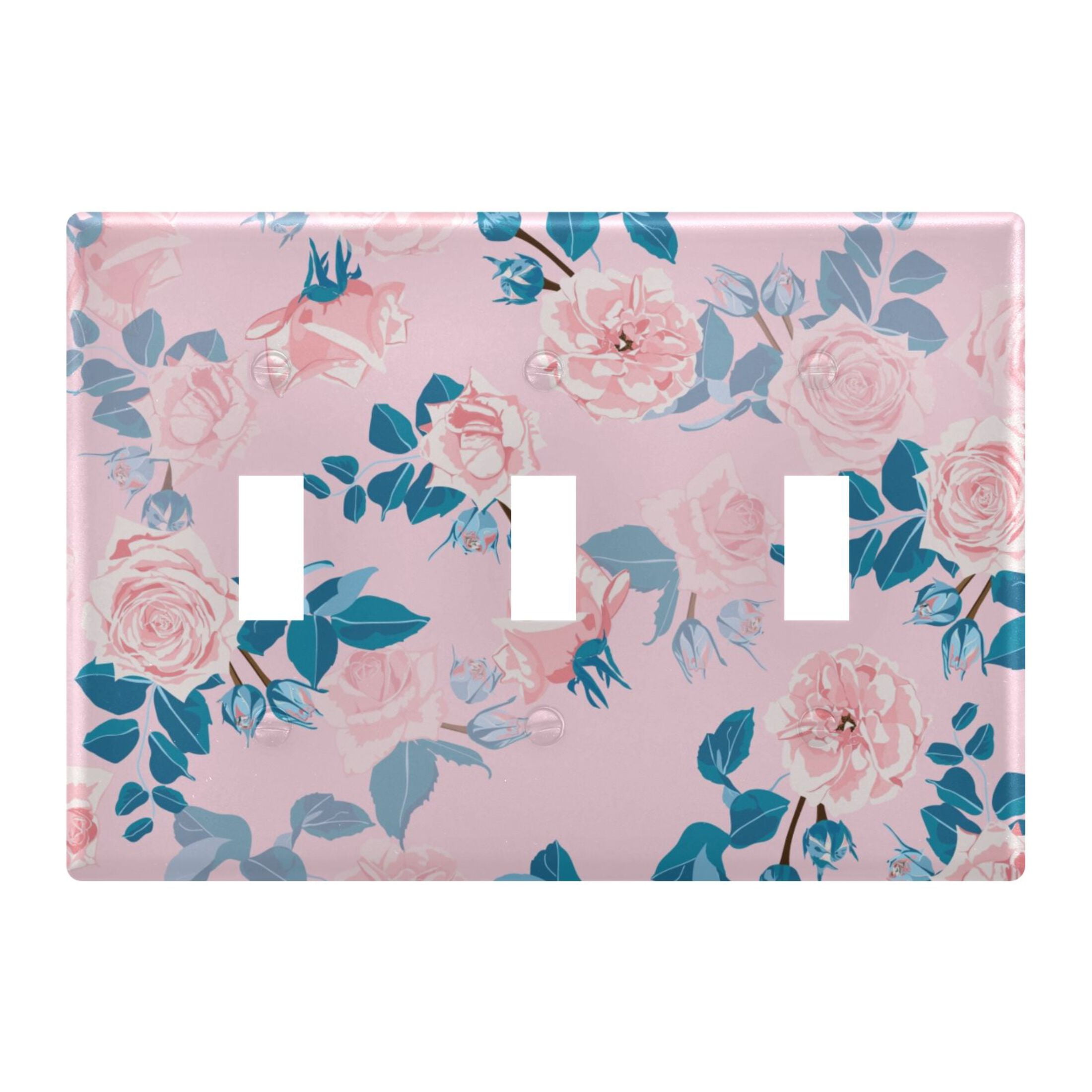 3 Gang Switch Covers Pink Roses Flower with Blue Light Wall Plate Home ...