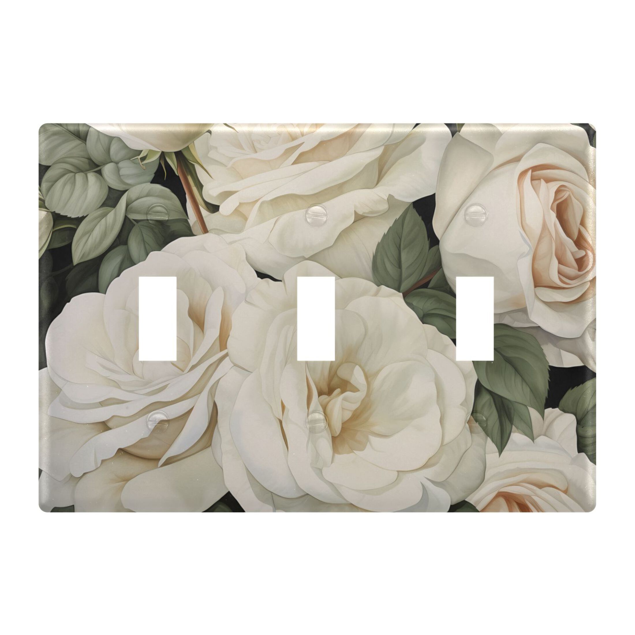 3 Gang Switch Covers White Roses Flowers with Leaves Light Wall Plate ...