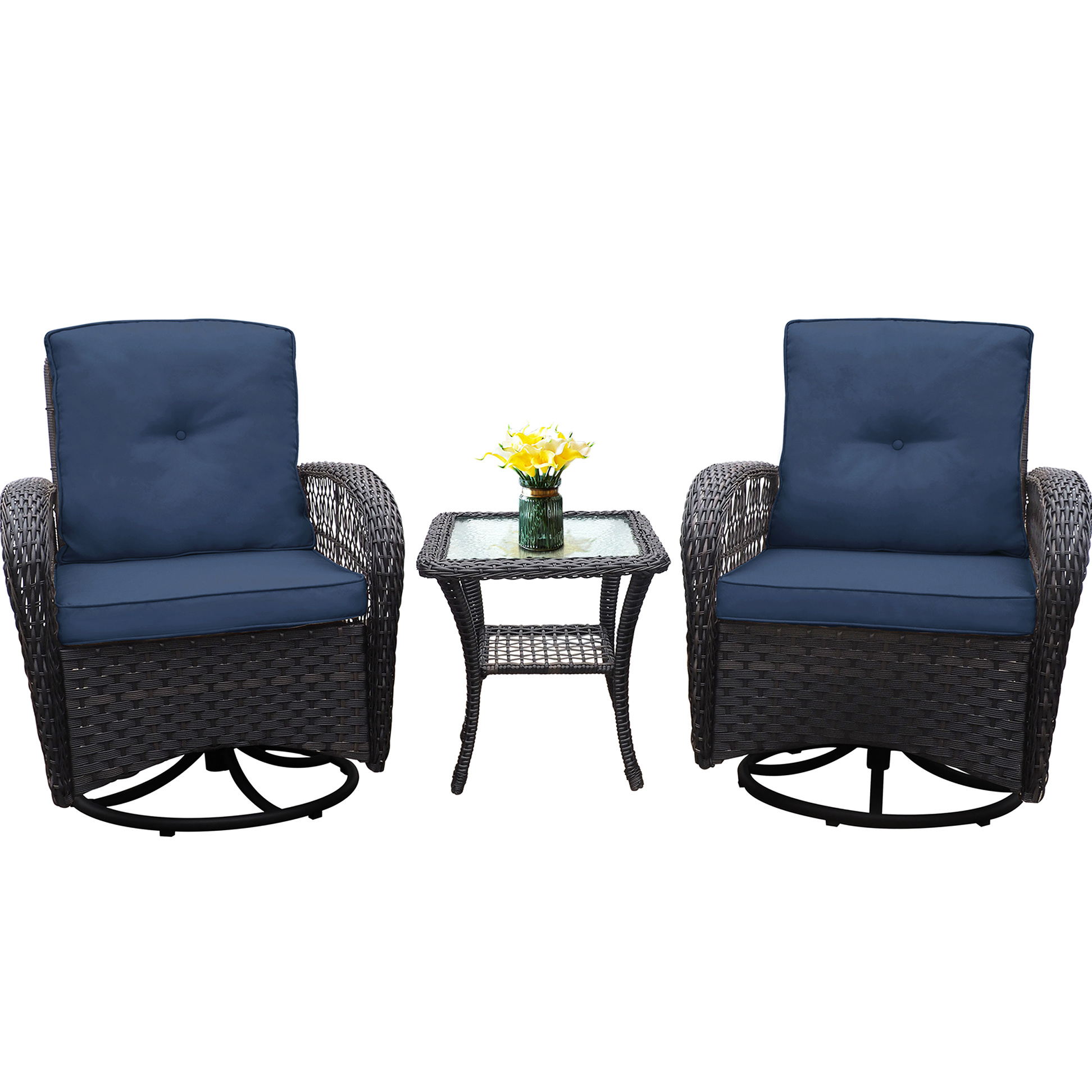 3 Garden Patio Bistro - Navy Blue Rocking Chairs With Glass Top Table ...