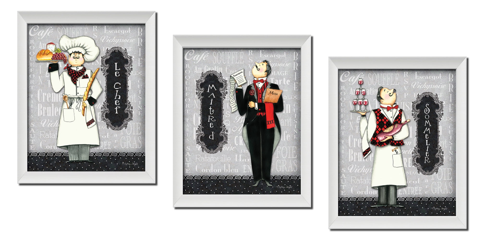 3 Grey, Black and Red French Restaurant Waiter, Chef and Sommelier Set ...