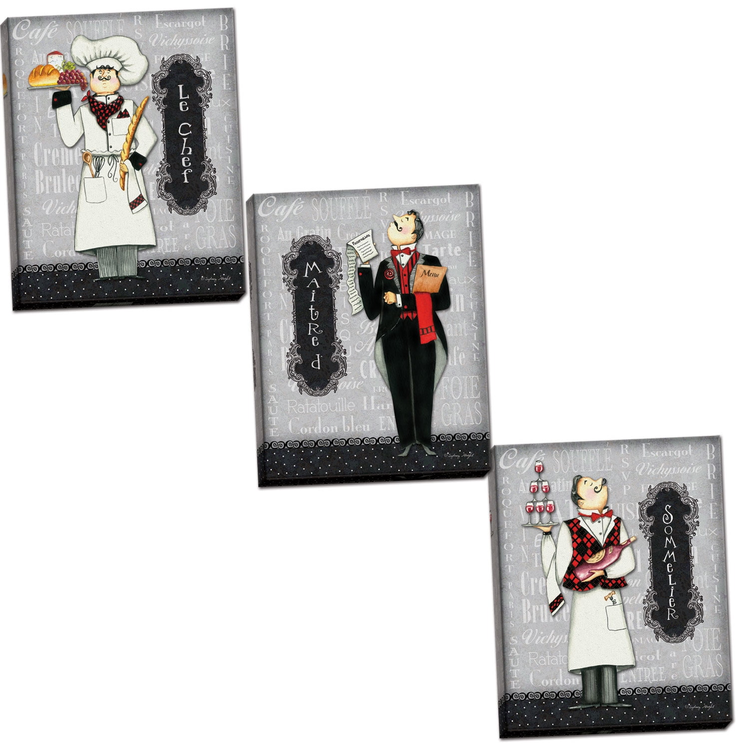 3 Grey, Black and Red French Restaurant Waiter, Chef and Sommelier Set ...
