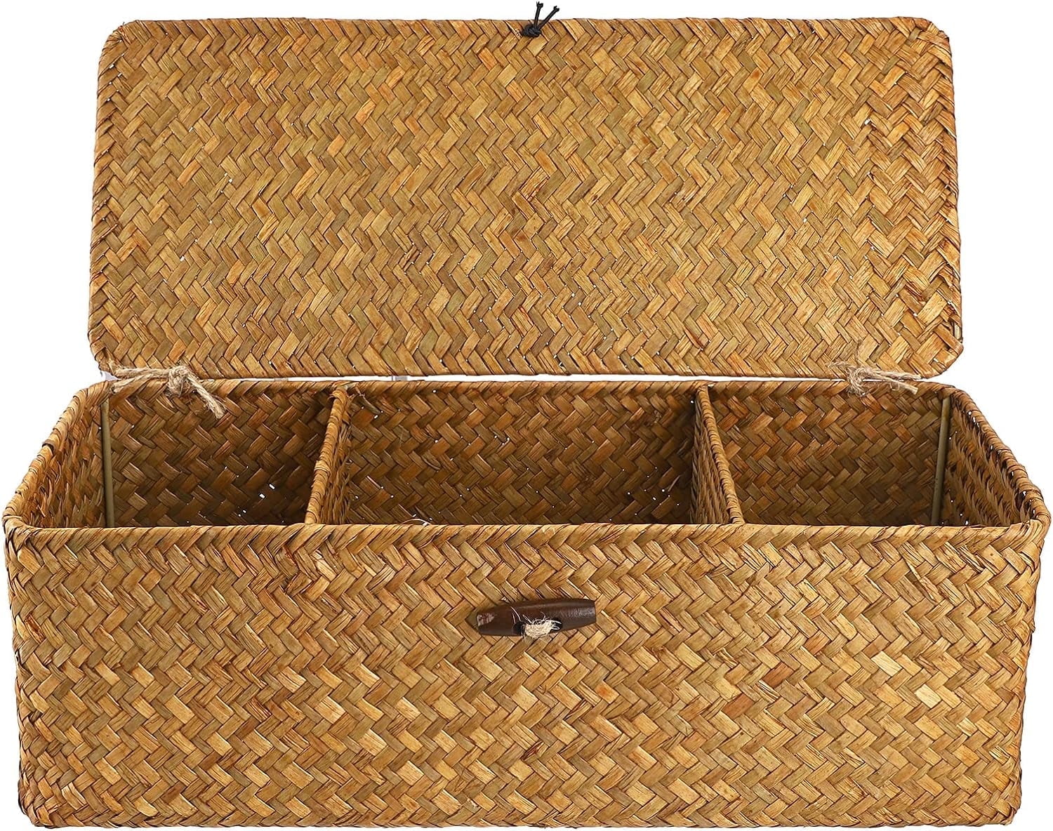 3 Grid Storage Basket with Lid, Hand-Woven Water Hyacinth Storage ...