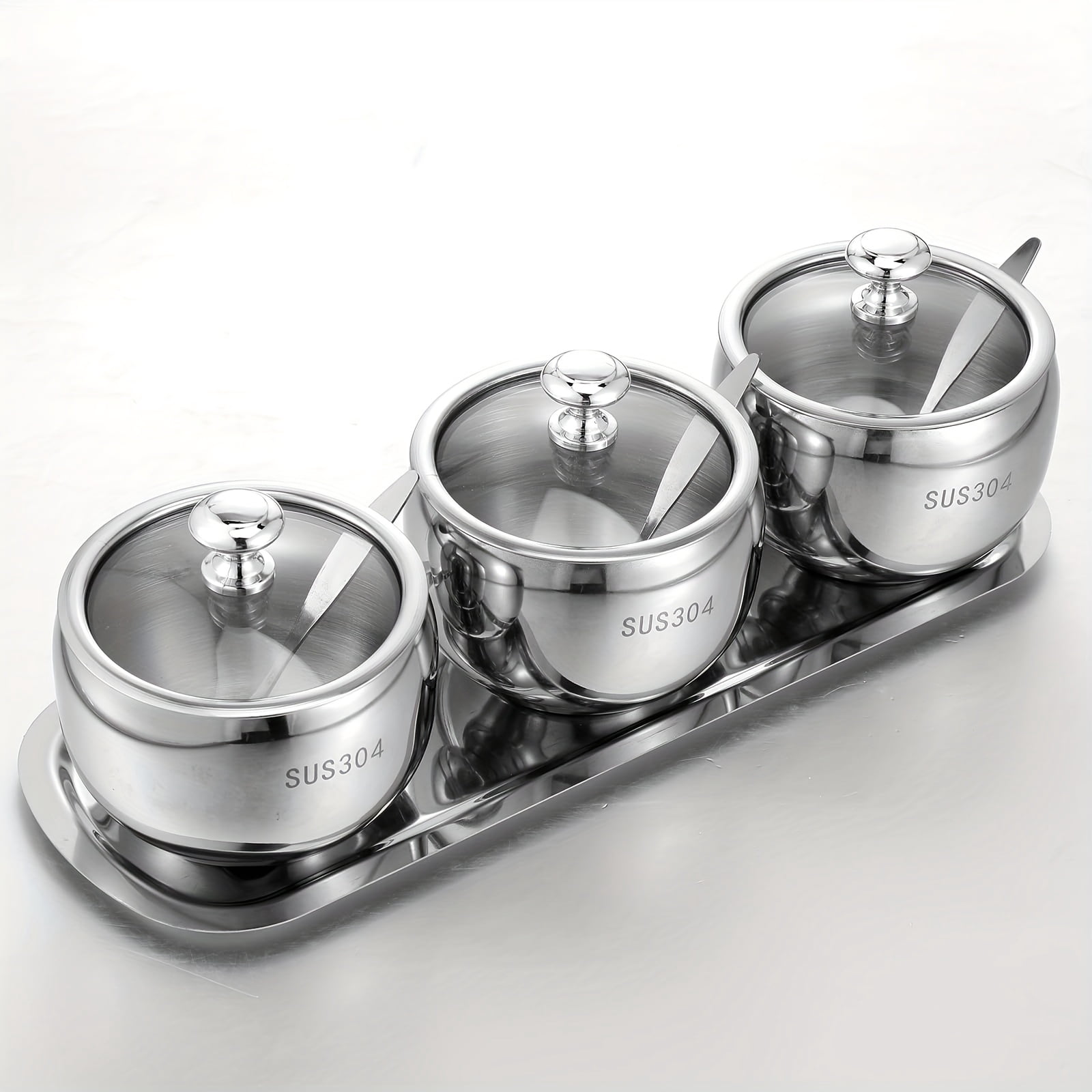 3 Grids 304 Stainless Steel Seasoning Containers Set With Lid Spoon And ...
