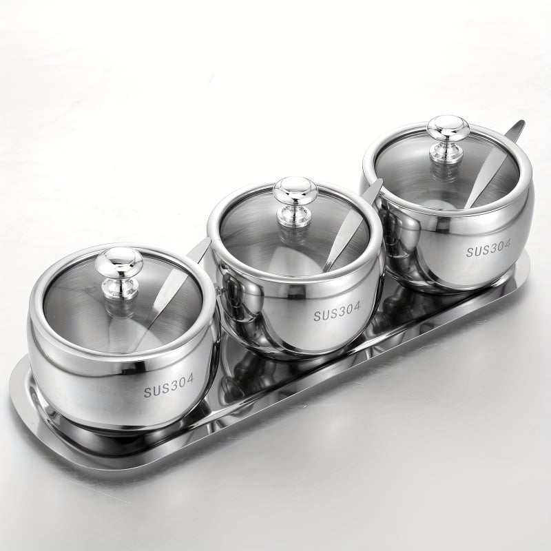 3 Grids 304 Stainless Steel Seasoning Containers Set With Lid Spoon And ...