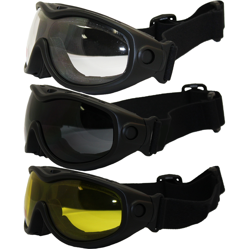 3 HERON FOAM PADDED MOTORCYCLE GOGGLES CLEAR SMOKE YELLOW WITH POUCH ...