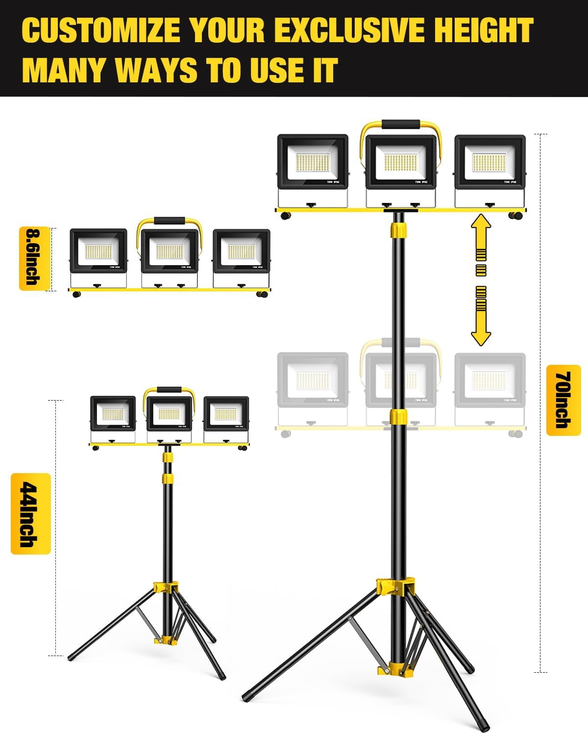 3-Head 21000 Lumen LED Work Light with Adjustable Stand, Waterproof ...