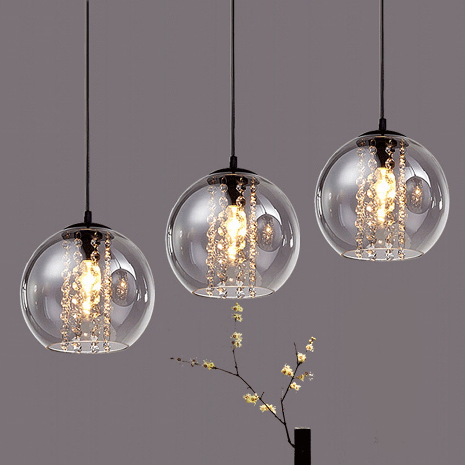 3-Head Crystal Ceiling Light, Smoke Gray Finish, Adjustable Wire, E27 ...