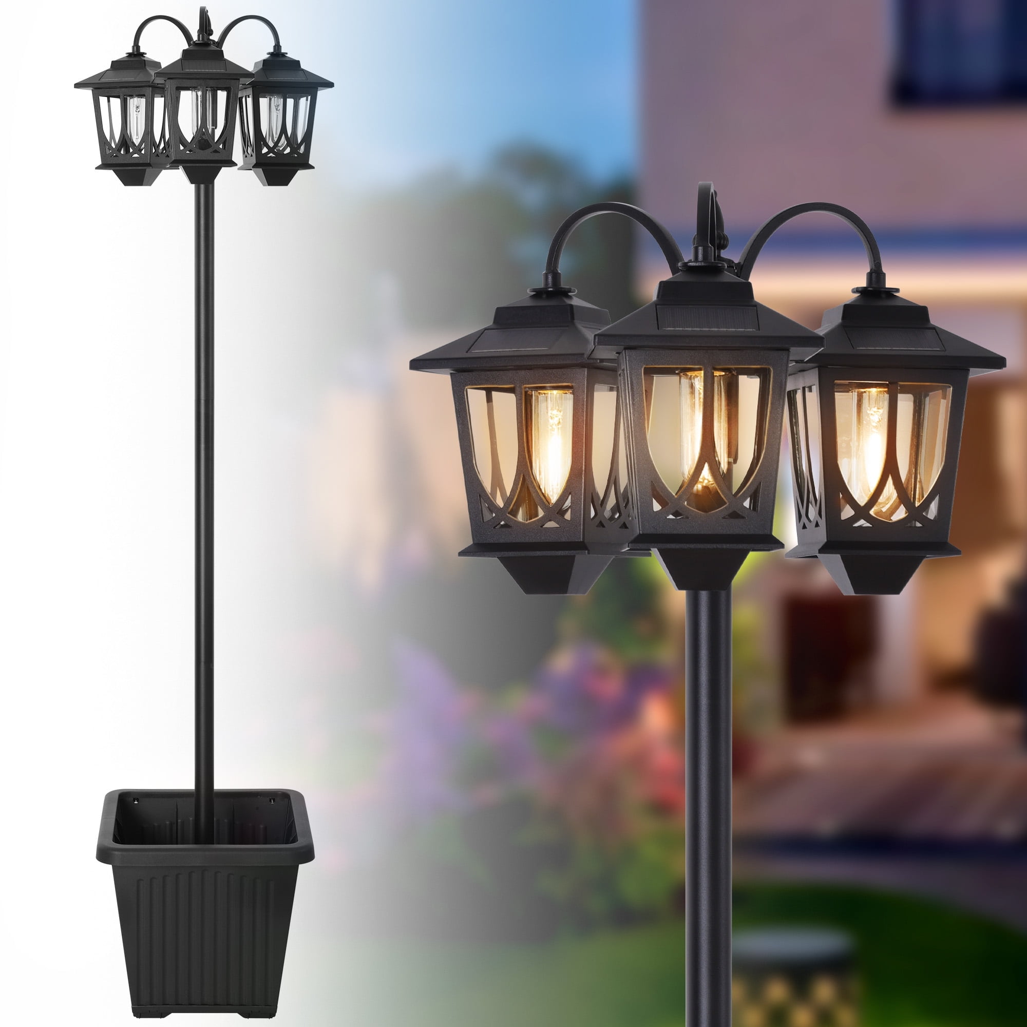 3-Head LED Solar Lamp Post Light with Planter Solar Street Lamp ...
