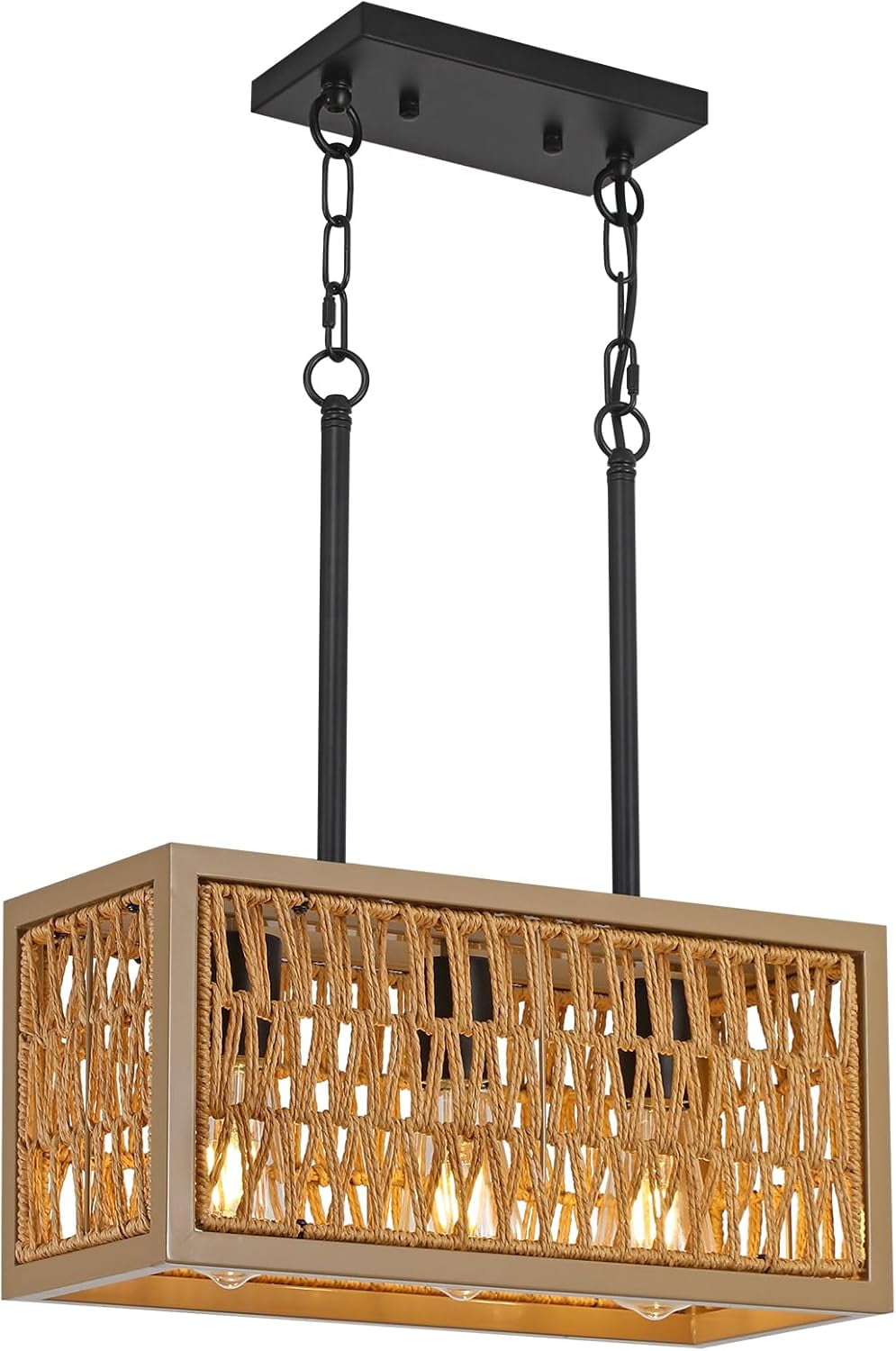 3-Head Long Box Weave，Farmhouse Rattan Island Lighting,3 Lights Boho ...