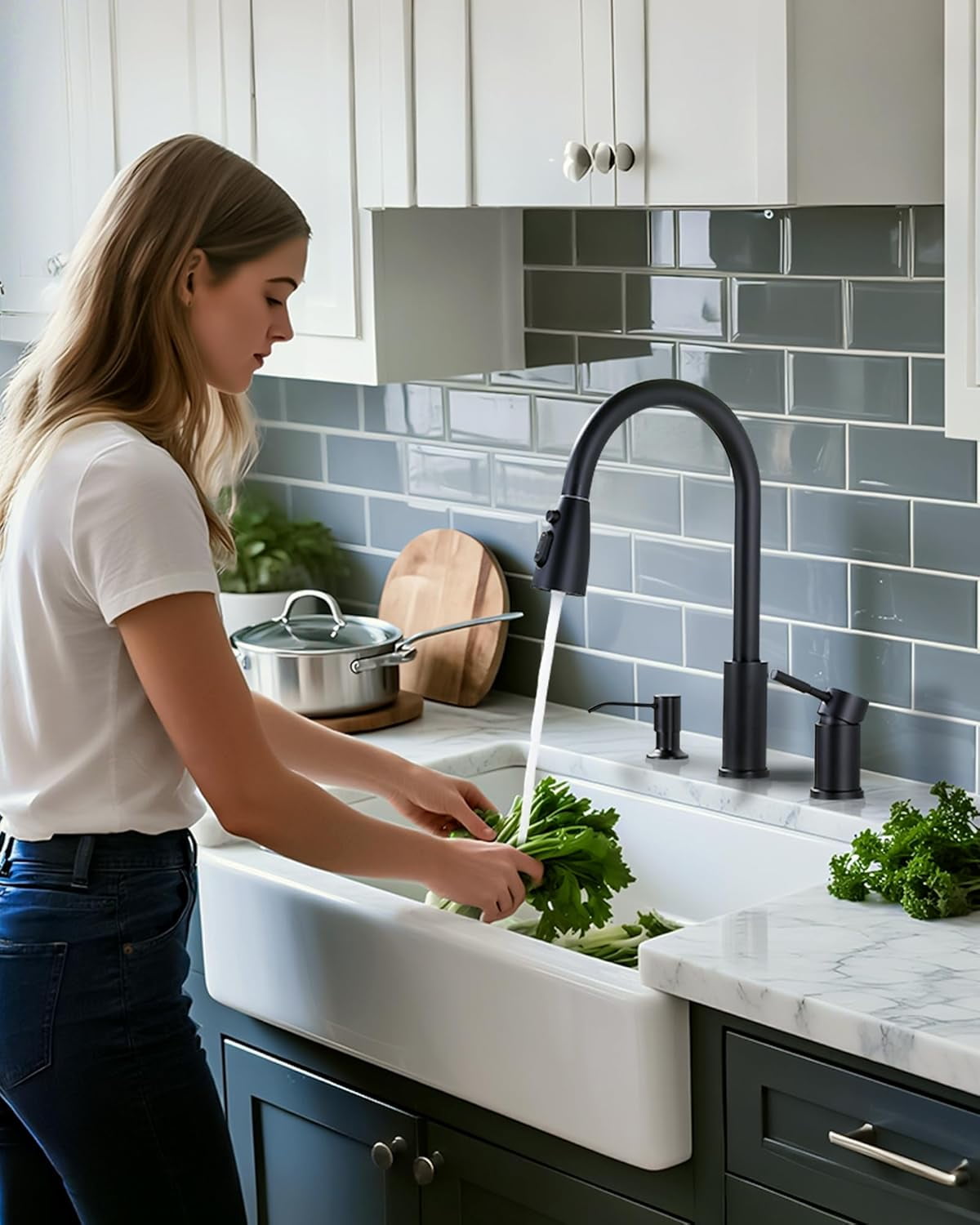 3 Hole Kitchen Faucet with Sprayer - 304 Stainless Steel Kitchen Sink ...