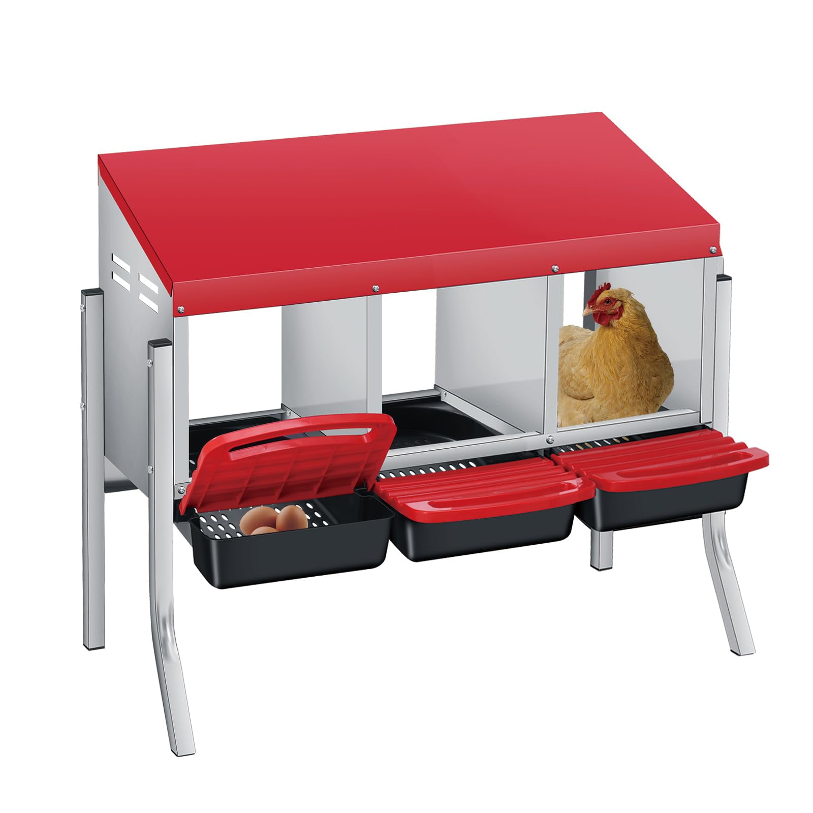 3-Hole Roll Away Chicken Nesting Box with Removable Tray, Metal Nest ...