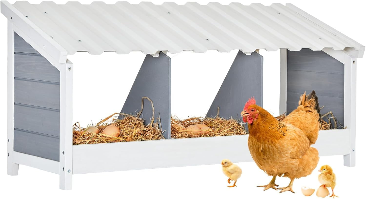 3 Holes Chicken Nesting Box-All Weather PVC Roof, Natural Wood Design ...
