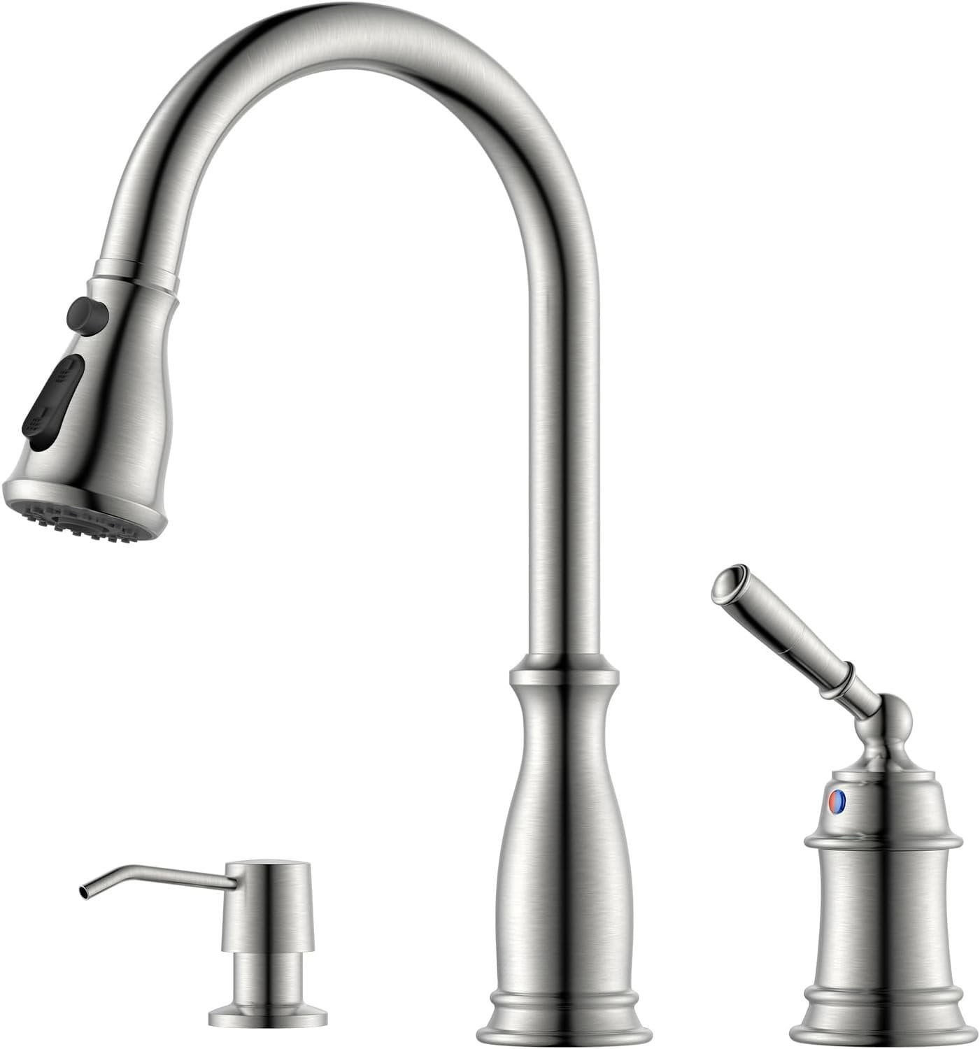 3 Holes Kitchen Sink Faucets with Pull Down Sprayer and Soap Dispenser ...