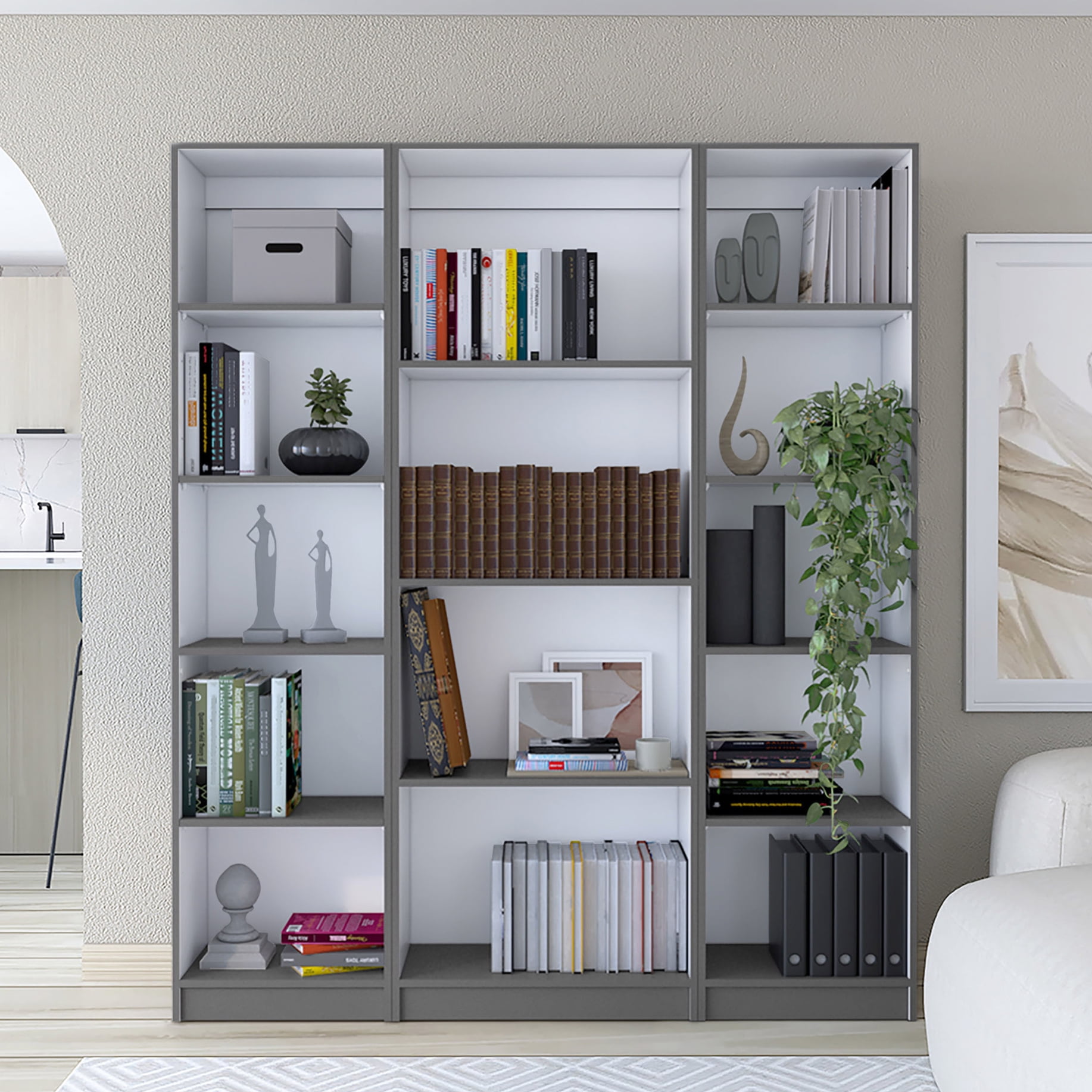 3 Home Bookcase Arrangement, 60" Wide, 14 Shelves, Matt Gray - White ...
