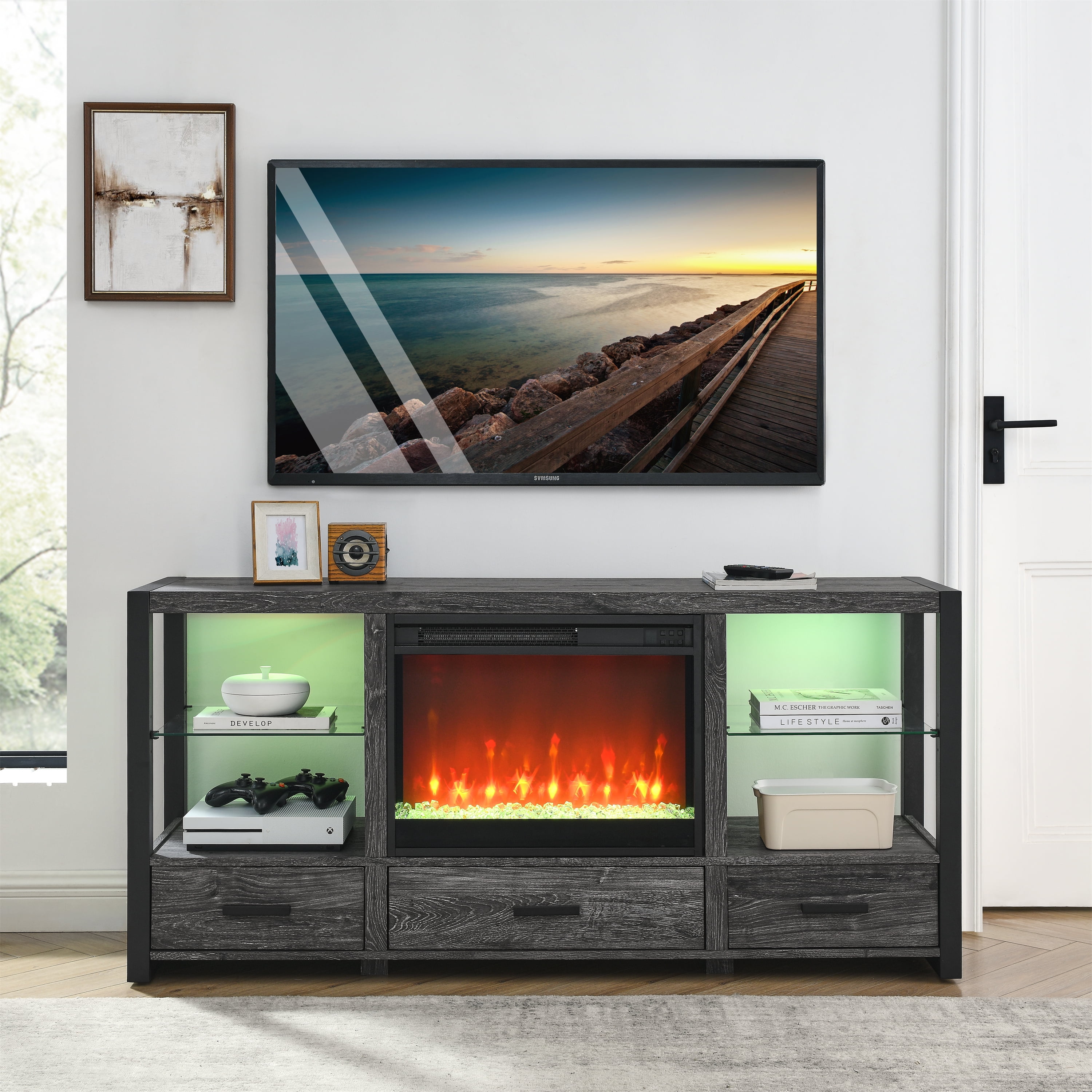 3-IN-1 Fireplace TV Stand with LED Lights, 1400W Electric Fireplace Heater Entertainment Center ...