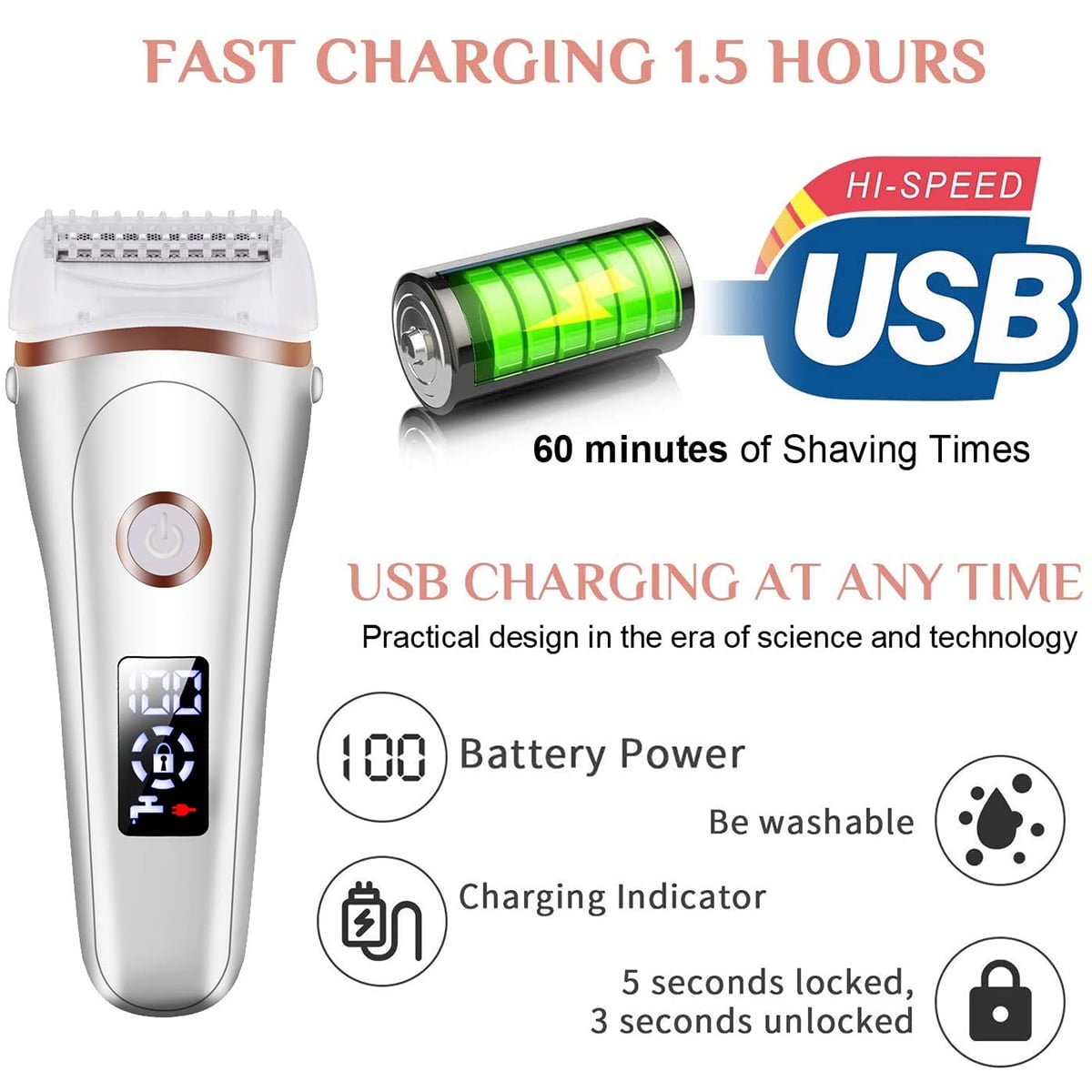 3 IN 1 Painless Lady Razor, Women Electric Shaver Waterproof Wet & Dry ...