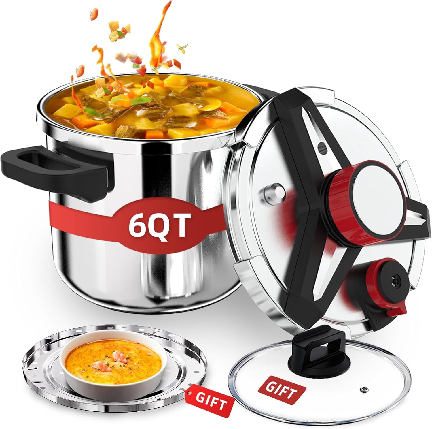 3-In-1 304 Stainless Steel Pressure Cooker 6.3 QT: [Explosion-Proof] [3 ...