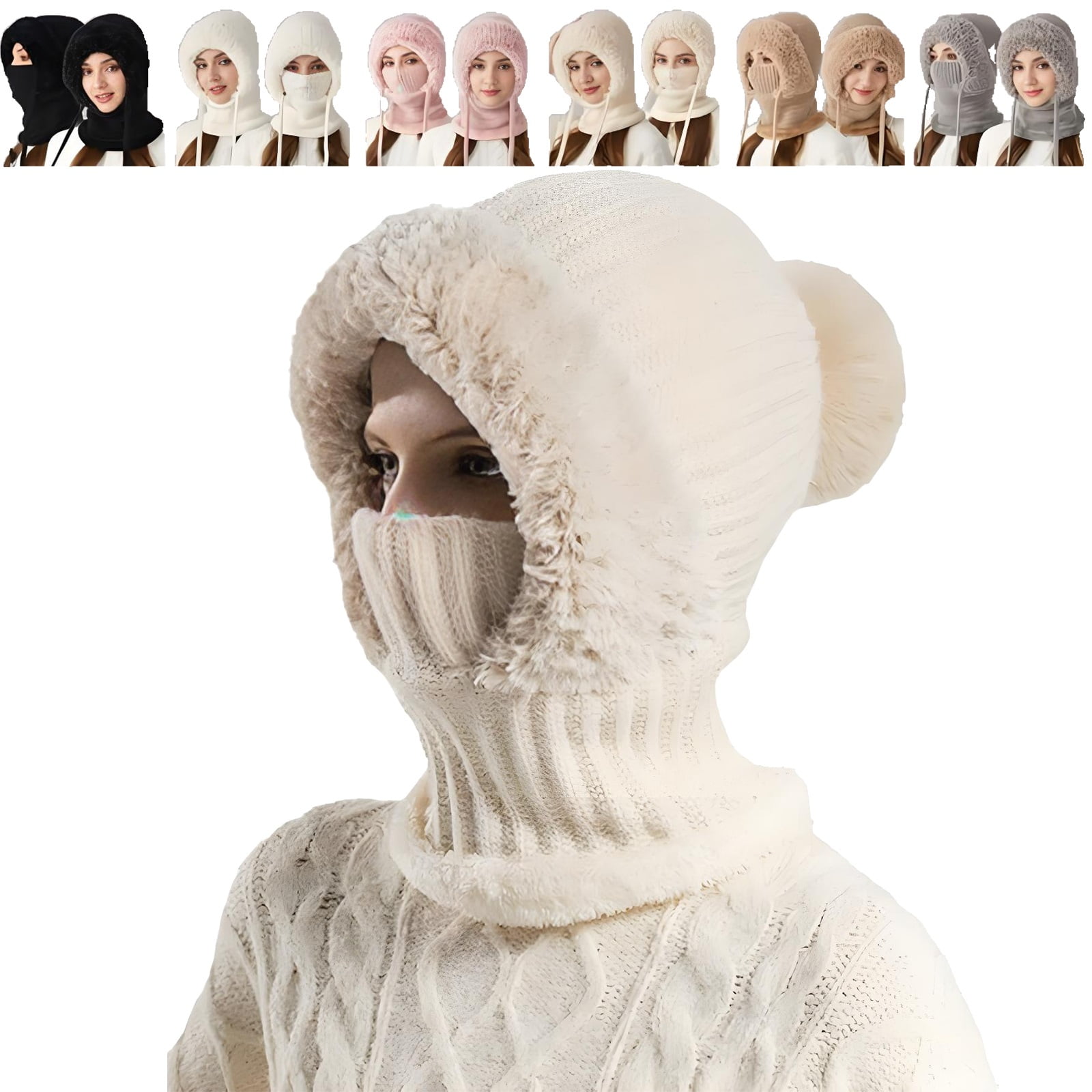 3 In 1 Beanie Hat for Women, Windproof Cold-Proof Balaclava Hat with ...