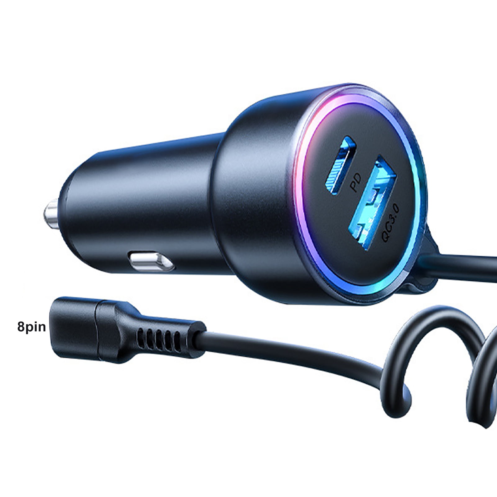 3-In-1 Car Charger Type-C 8Pin 1.5m Spring Cable QC3.0 PD Fast Charge ...