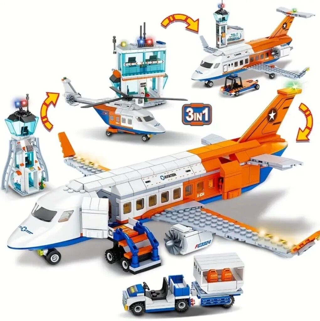 3 In 1 City Airport Passenger Plane Building Blocks Set 697 Pieces ...