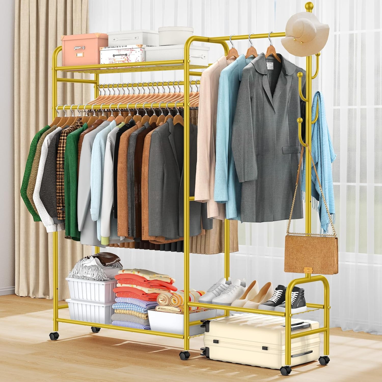 3-In-1 Clothes Racks For Hanging Clothes with Coat Rack, Heavy Duty ...