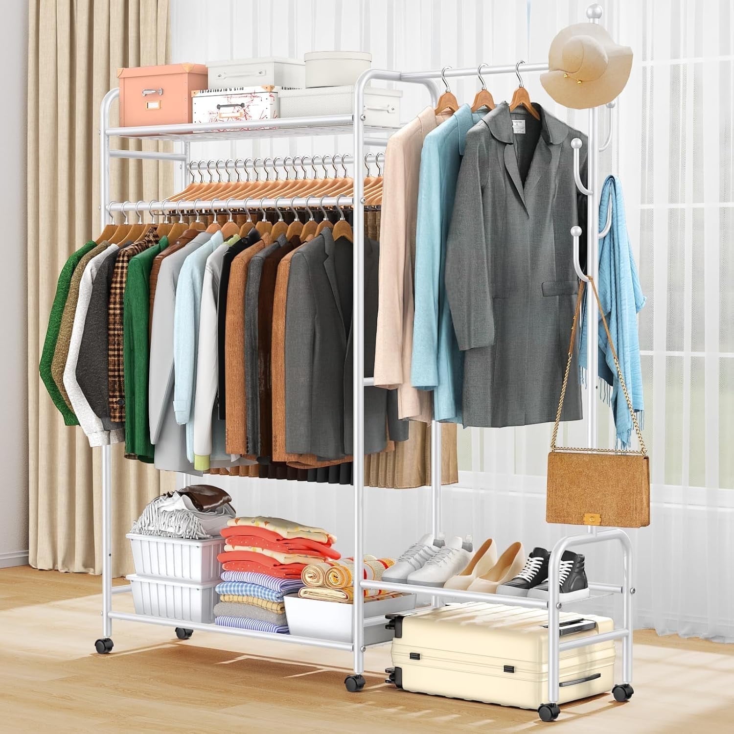 3-In-1 Clothes Racks For Hanging Clothes with Coat Rack, Heavy Duty ...