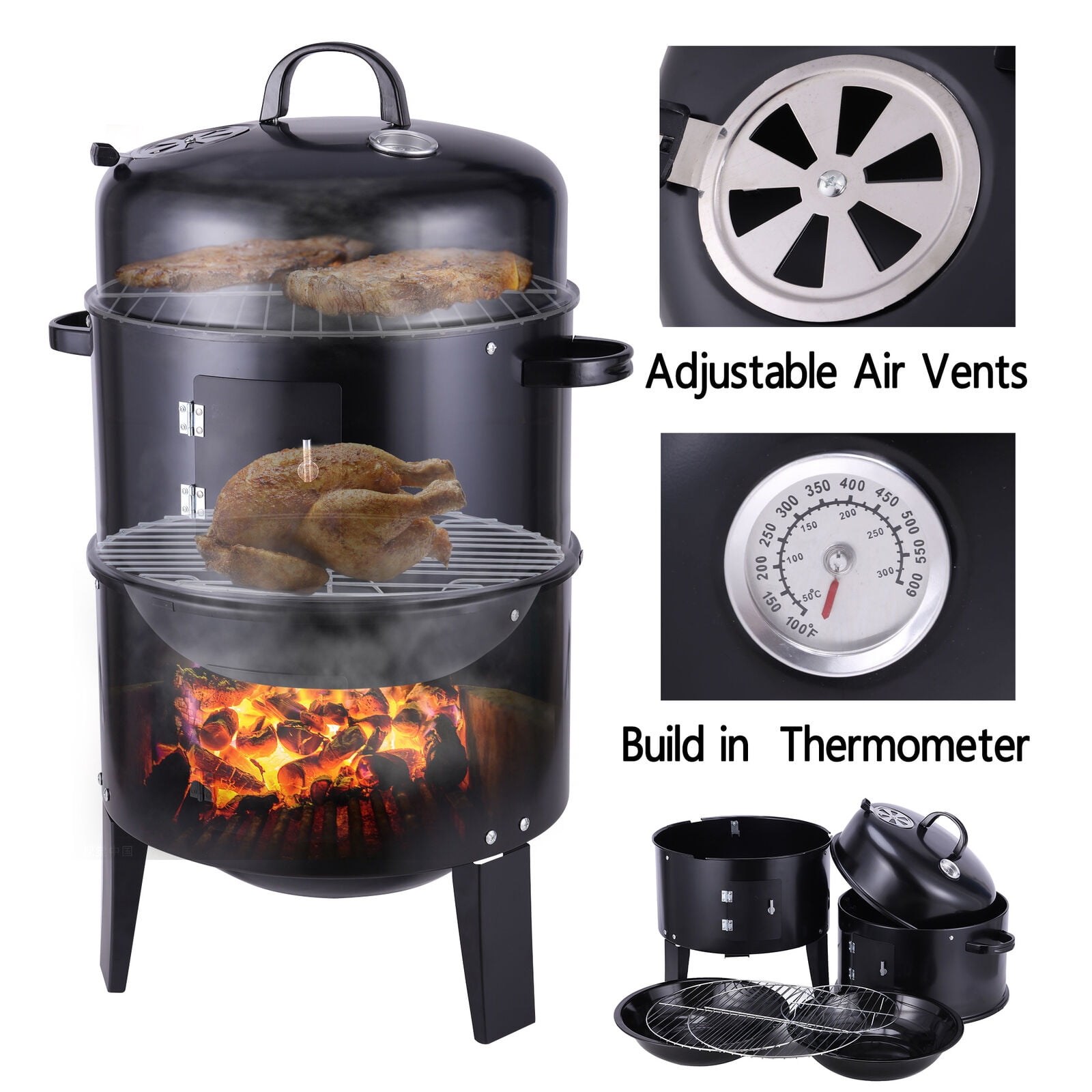 3-In-1 Combination Water Smoker Charcoal Grill Outdoor Garden BBQ Cook ...