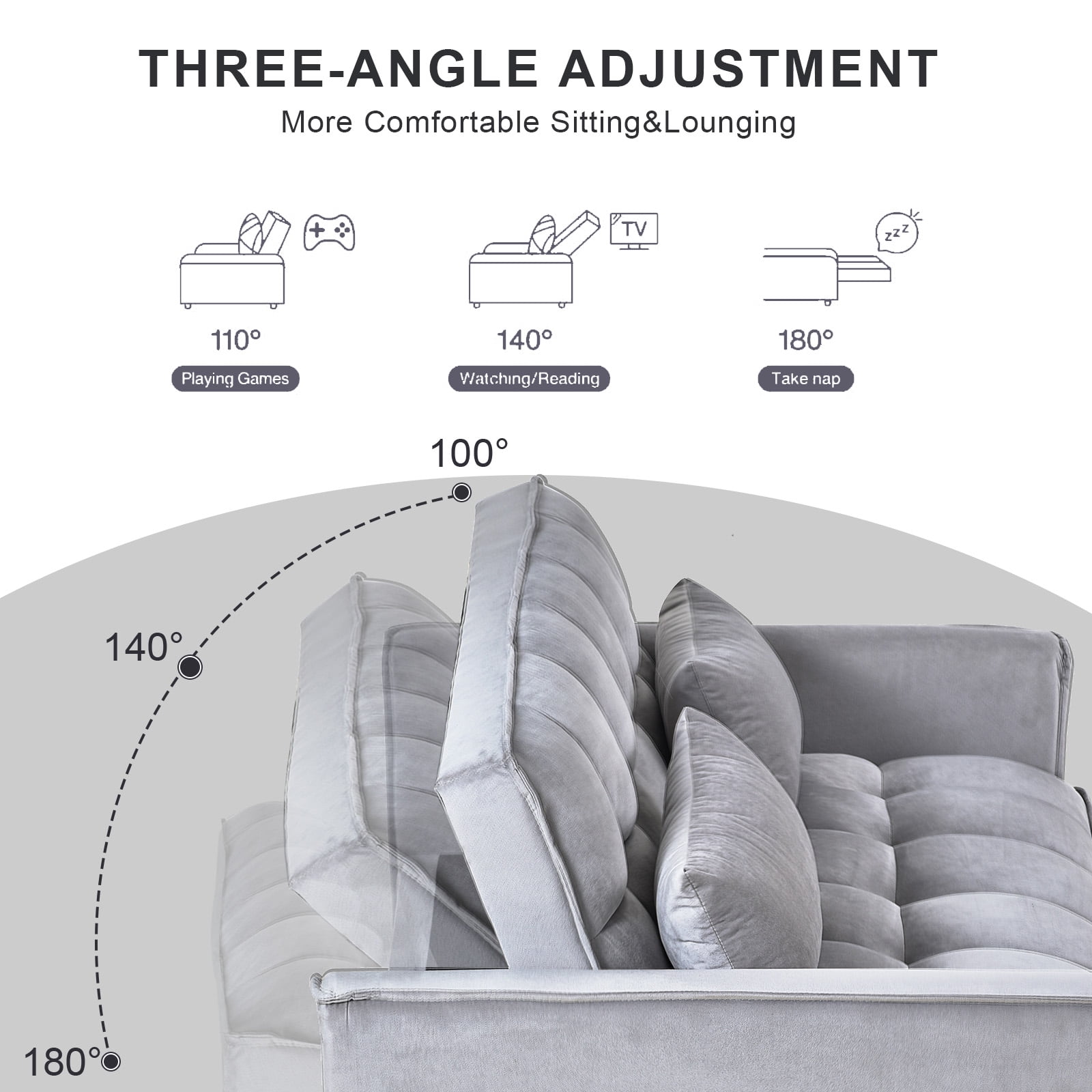 3-In-1 Convertible Sleeper Sofa Bed - Grey Velvet Loveseat with ...