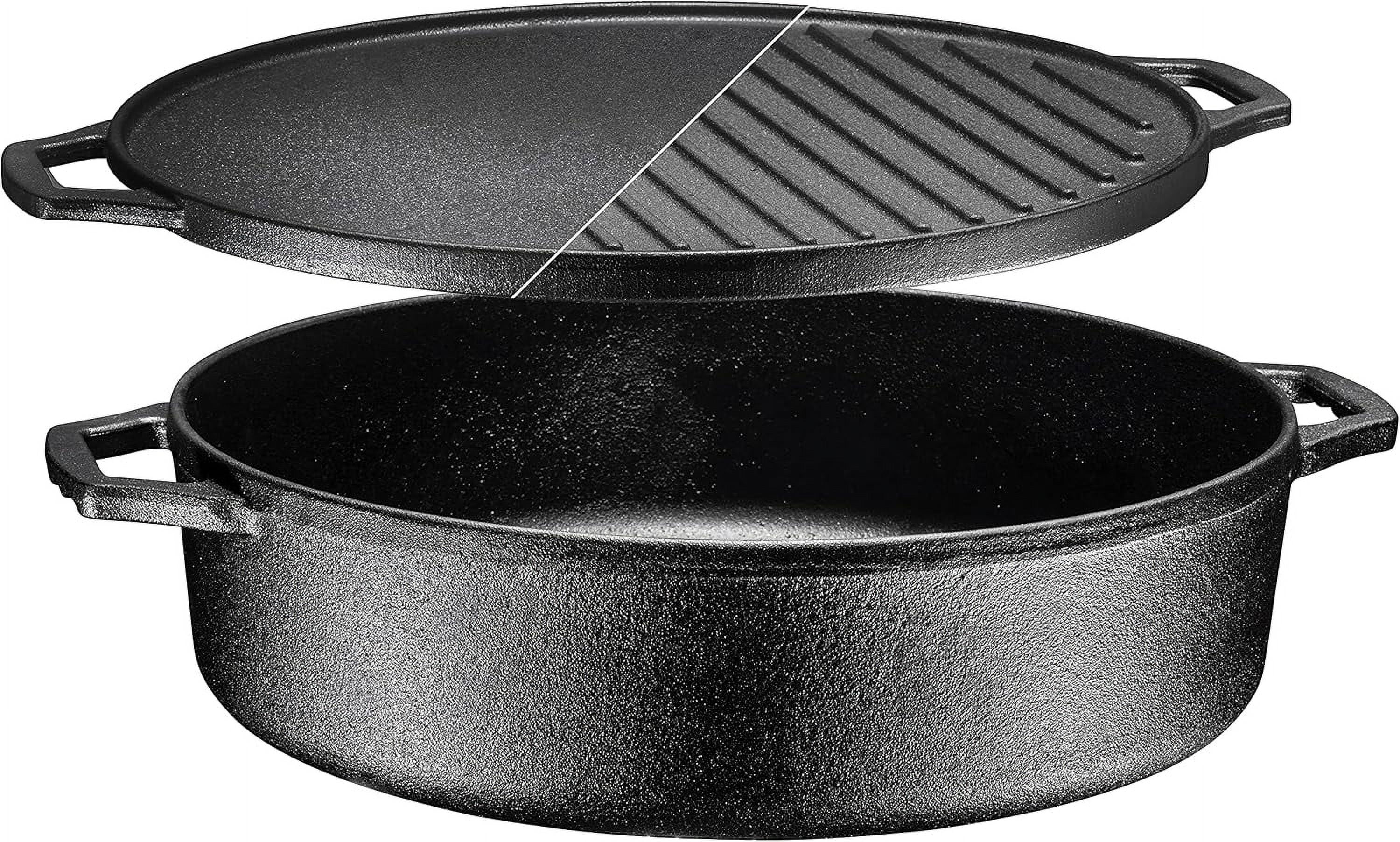 3-In-1 Pre-Seasoned Cast Iron Pan with Reversible Grill Griddle Lid ...