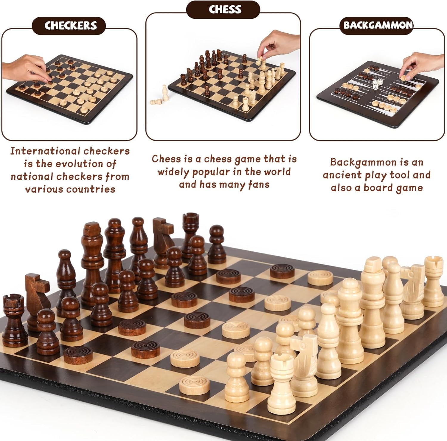 3-In-1 Wooden Chess, Backgammon Set And Checkers Set- 12 Inch Portable ...