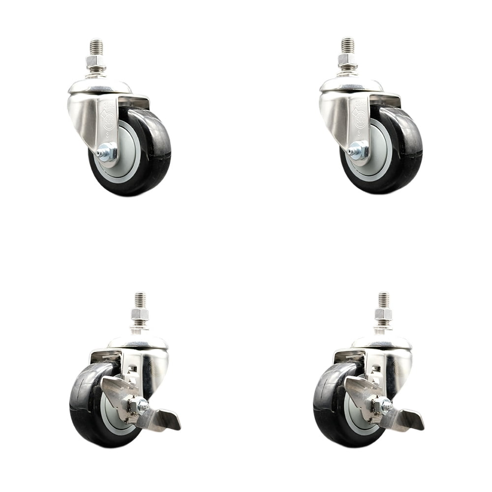 3 Inch 316SS Black Polyurethane Swivel 10mm Threaded Stem Caster Set 2 ...