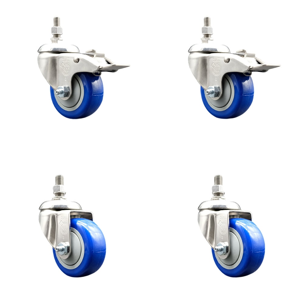3 Inch 316SS Blue Polyurethane 12mm Threaded Stem Caster Set 2 Lock ...