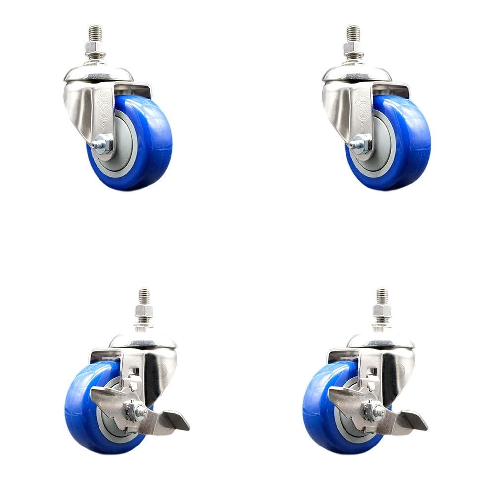 3 Inch 316SS Blue Polyurethane Swivel 3/8 Inch Threaded Stem Caster Set ...