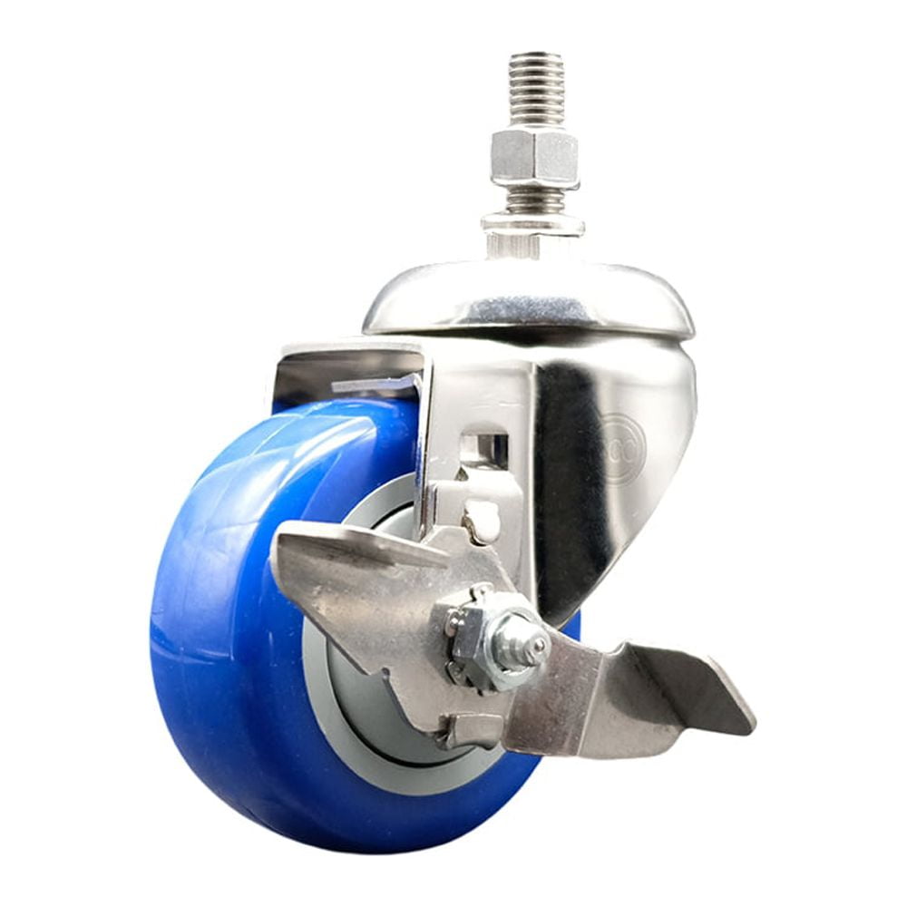 3 Inch 316SS Blue Polyurethane Swivel ½ Inch Threaded Stem Caster with ...