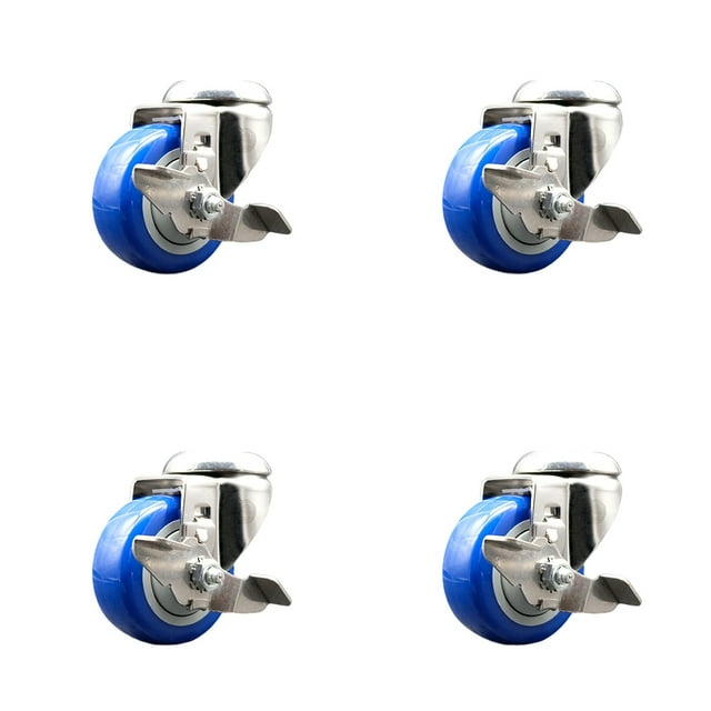 3 Inch 316SS Blue Polyurethane Wheel Swivel Bolt Hole Caster Set with ...