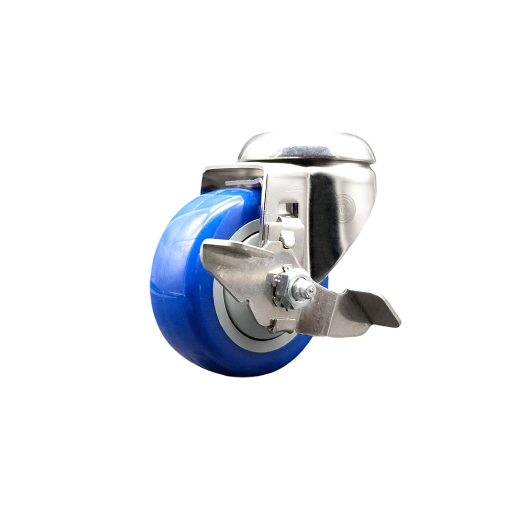 3 Inch 316SS Blue Polyurethane Wheel Swivel Bolt Hole Caster with Brake ...