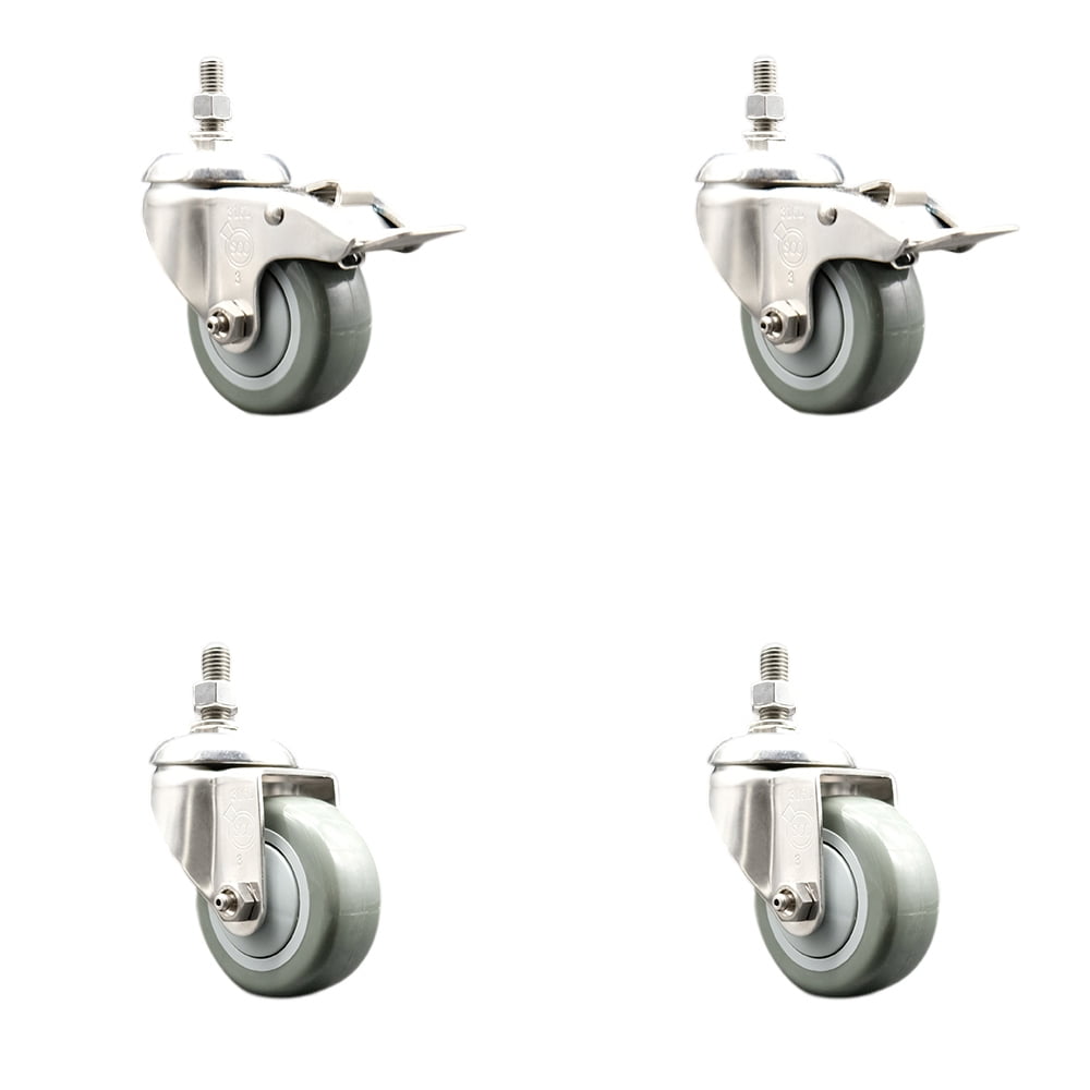 3 Inch 316SS Gray Polyurethane ½ Inch Threaded Stem Caster Set 2 Lock ...
