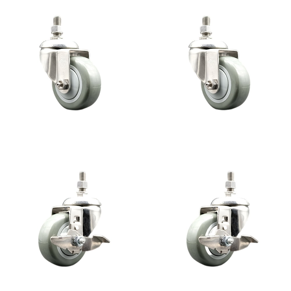3 Inch 316SS Gray Polyurethane Swivel ½ Inch Threaded Stem Caster Set 2 ...