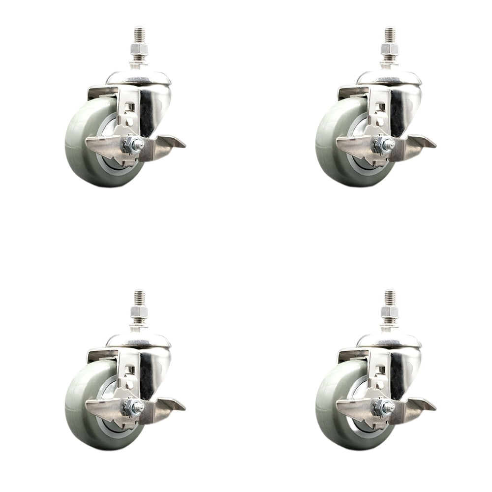3 Inch 316SS Gray Polyurethane Swivel ½ Inch Threaded Stem Caster Set ...