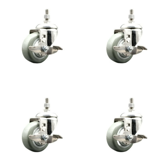 3 Inch 316SS Gray Polyurethane Swivel ½ Inch Threaded Stem Caster Set ...