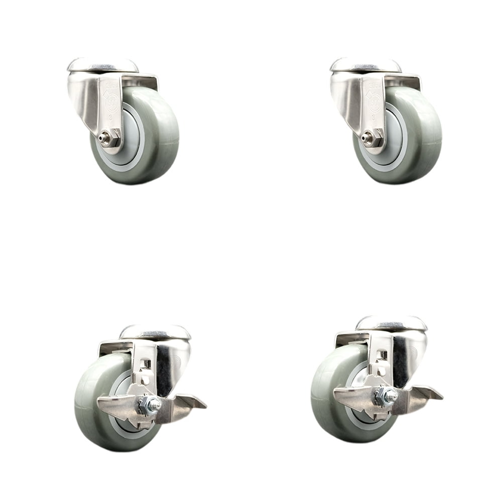 3 Inch 316SS Gray Polyurethane Wheel Swivel Bolt Hole Caster Set 2 ...