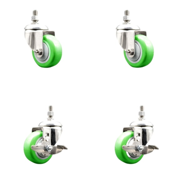 3 Inch 316SS Green Polyurethane Swivel ½ Inch Threaded Stem Caster Set ...