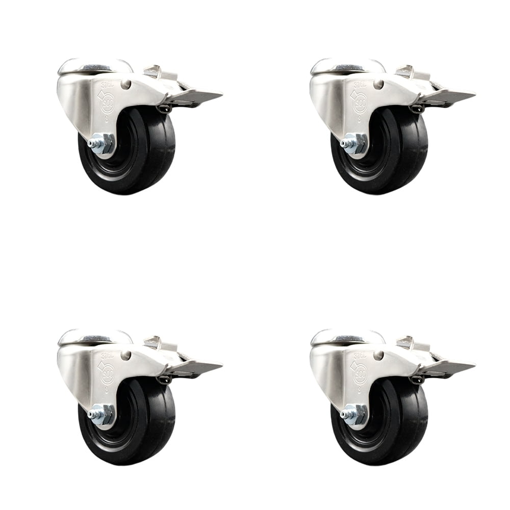 3 Inch 316SS Hard Rubber Wheel Swivel Bolt Hole Caster Set with Lock ...