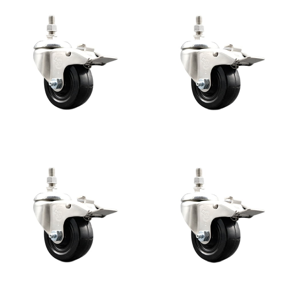 3 Inch 316SS Hard Rubber Wheel Swivel ½ Inch Threaded Stem Caster Set ...
